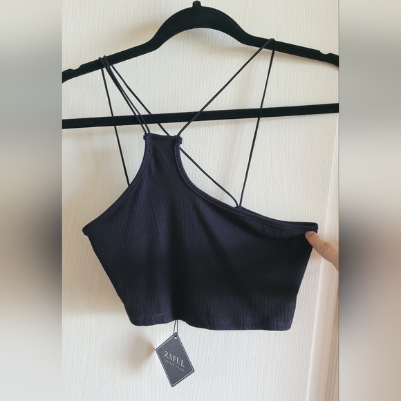 Zaful | Tops | Nwt Black One Shoulder Asymmetrical Strappy Cropped Top ...